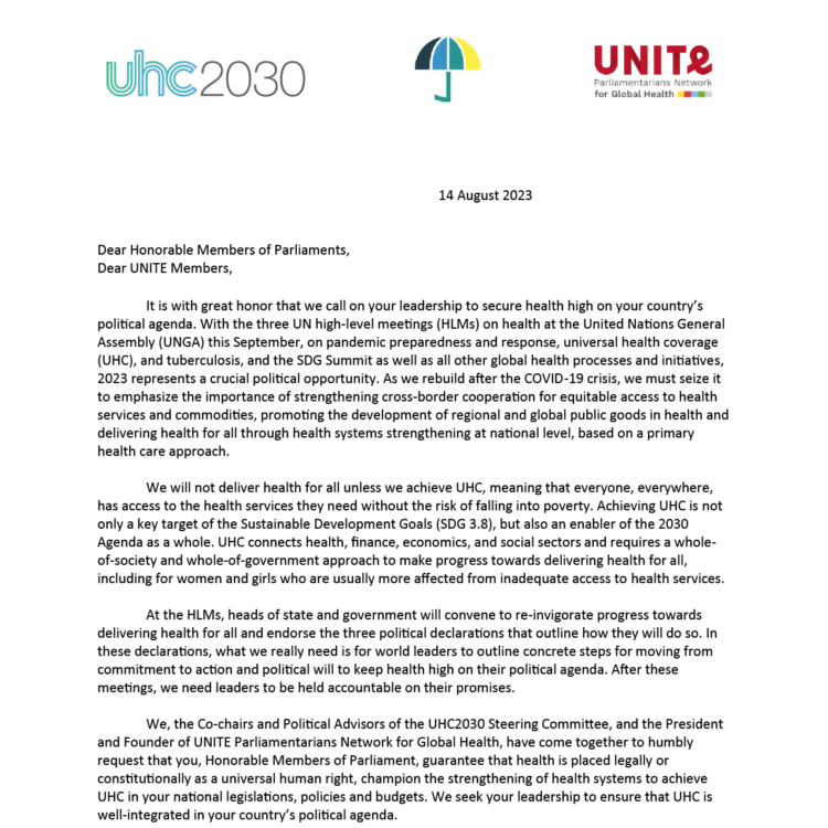 "Ensuring Health for All" UNITE UHC2030 Joint Letter - UNITE NETWORK